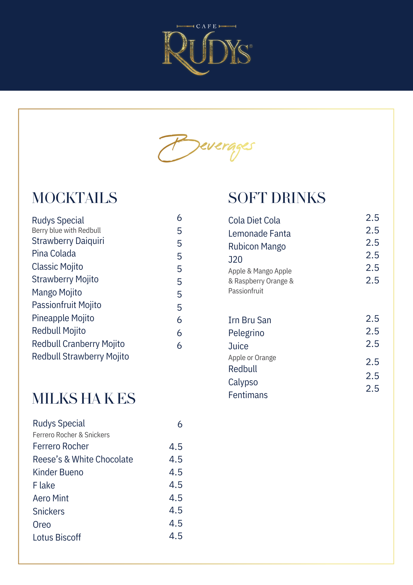 Restaurant Menu – Café Rudys
